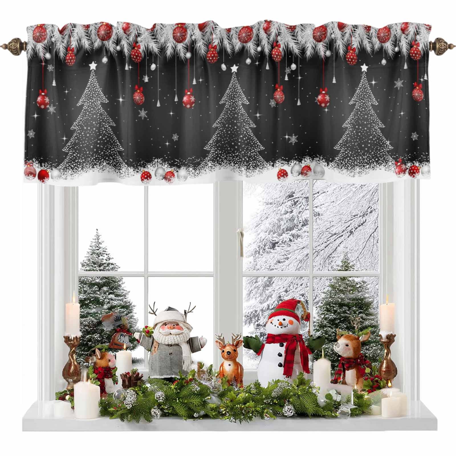 Christmas Tree Red Ball Valances for Windows, White Pine Branch Winter ...