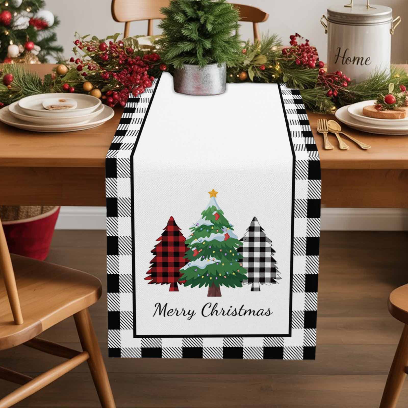Christmas Tree Red Black Plaid Winter Snow Table Runner 13x60in Non ...