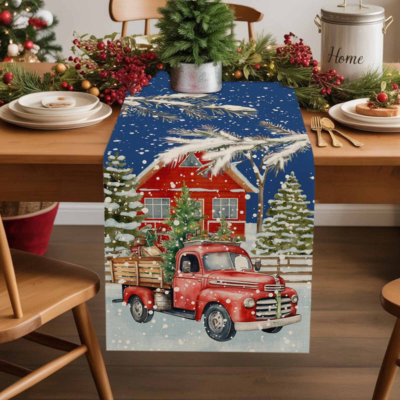 Christmas Tree Red Farm Truck Table Runner 13x70in Non-Slip Cotton ...
