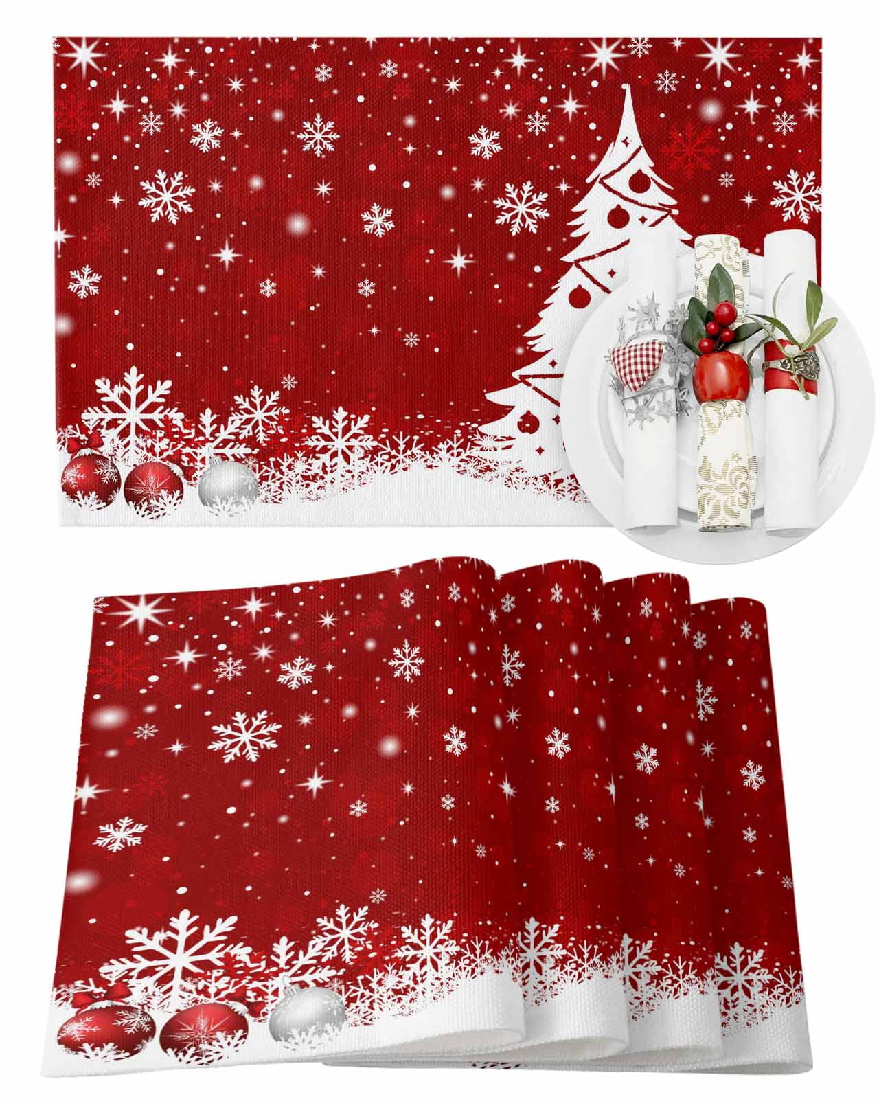 Christmas Tree Red Placemats Set of 2 Winter Pine Tree Xmas Balls ...