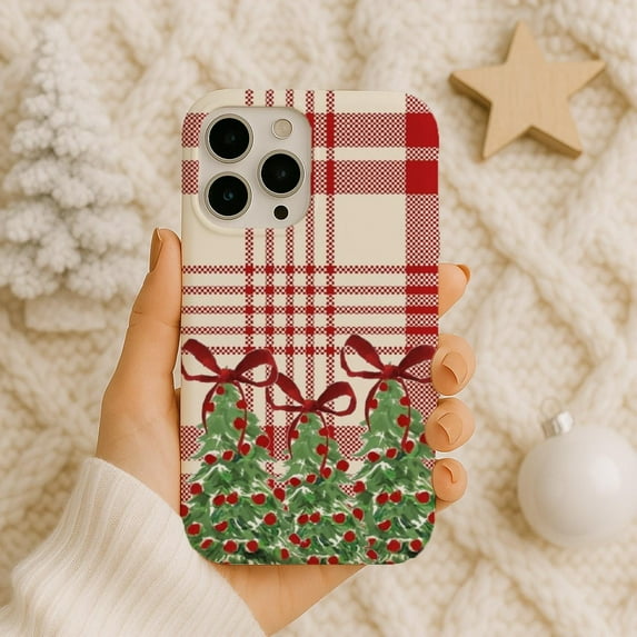 Christmas Tree Red Plaid Bow Phone Case Festive Holiday iPhone 17 16 15 ...