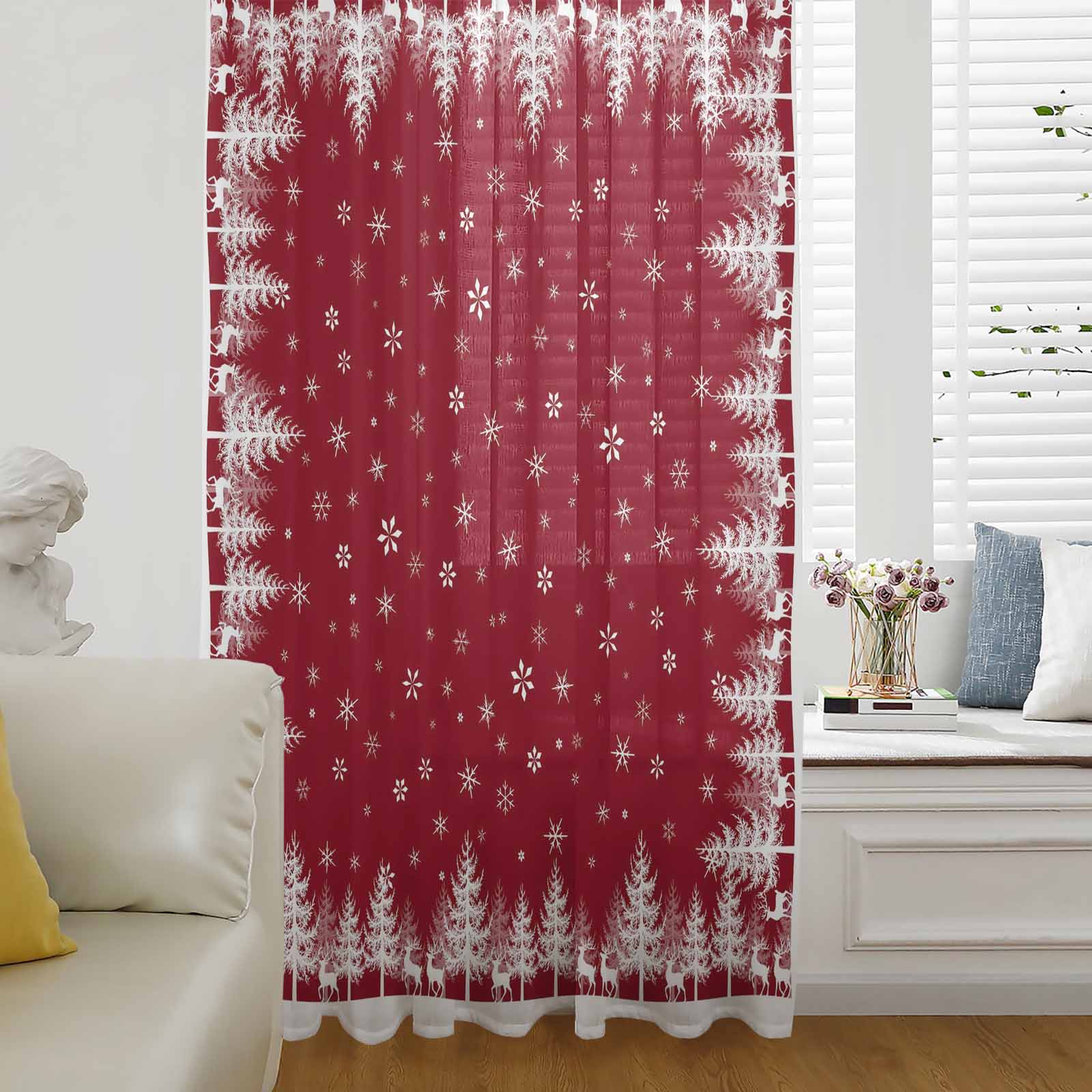 Christmas Tree Red Semi Sheer Curtains Drapes for Living Room, Bedroom ...
