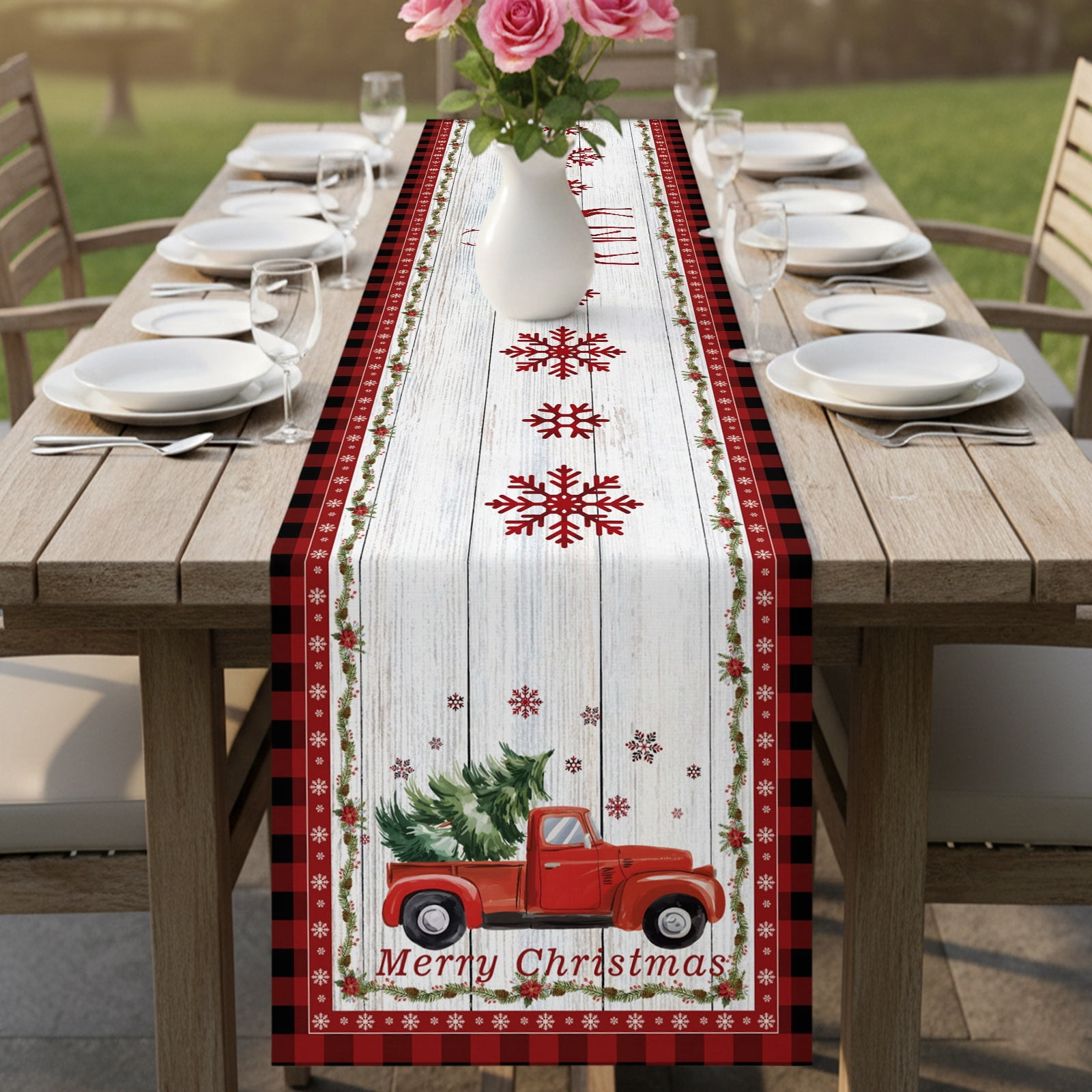 Christmas Tree Red Truck Red Black Plaid Table Runner 13x36in Non-Slip ...