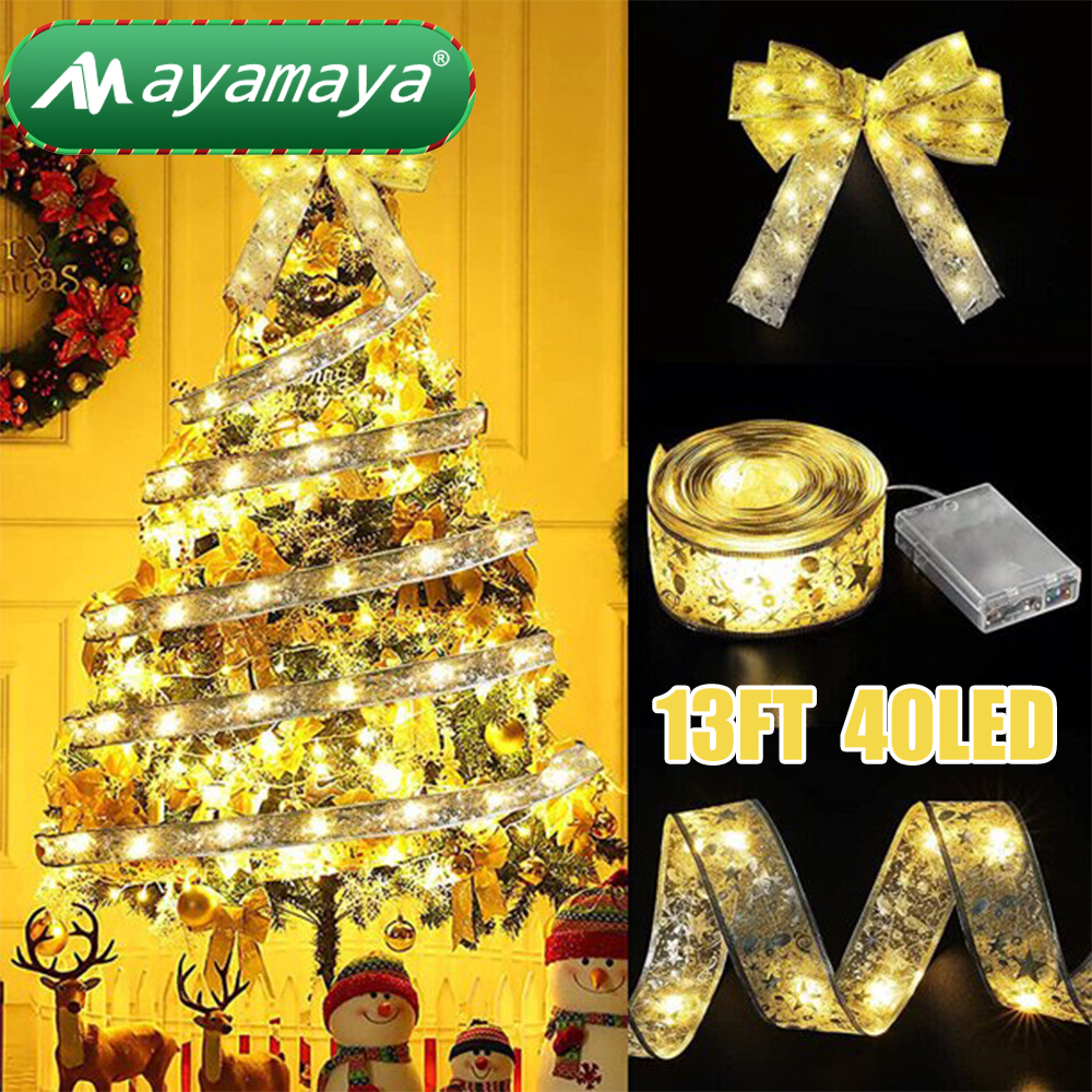 Christmas Tree Ribbon Fairy Lights Xmas Warm White Waterproof String ...