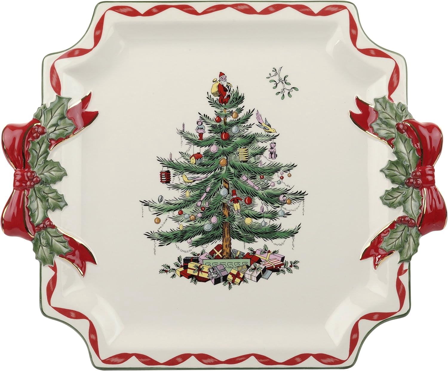 Christmas Tree Ribbons Square Platter with Bow Handles - 11-Inch ...