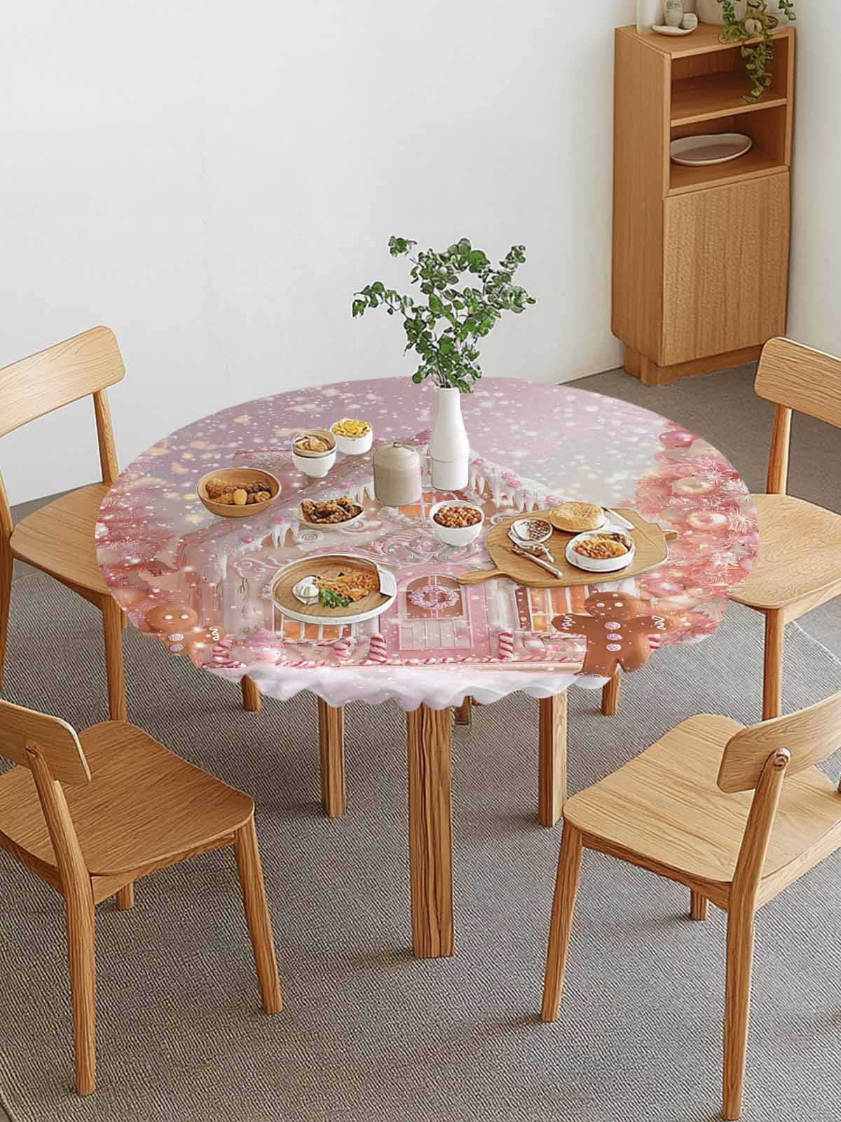 Christmas Tree Round Fitted Tablecloth with Elastic Edge, Pink Xmas ...