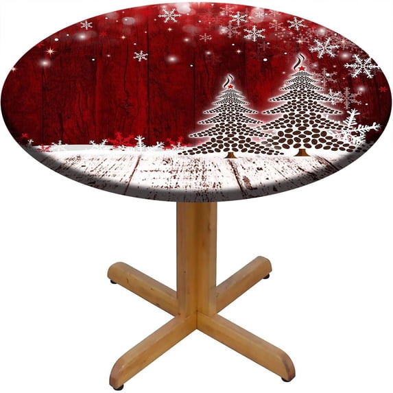 Christmas Tree Round Fitted Tablecloth, Snowflake Winter Wooden Flower ...