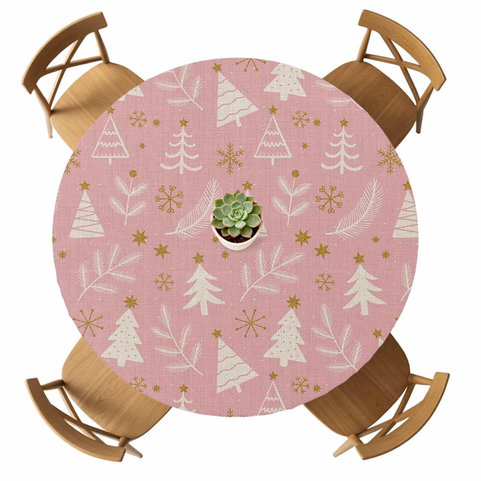 Christmas Tree Round Table Cover, Gold Star Snowflakes Winter Pink ...