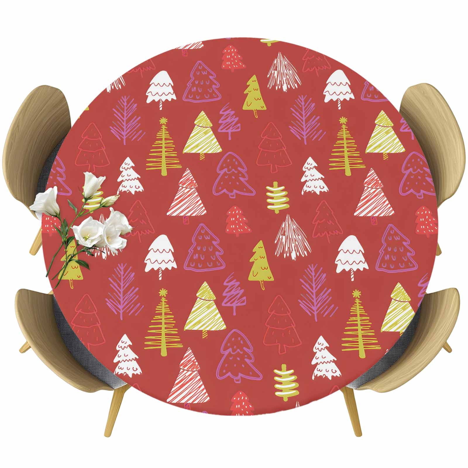 Christmas Tree Round Tablecloth, Fitted Table Cover with Elastic for 36 ...