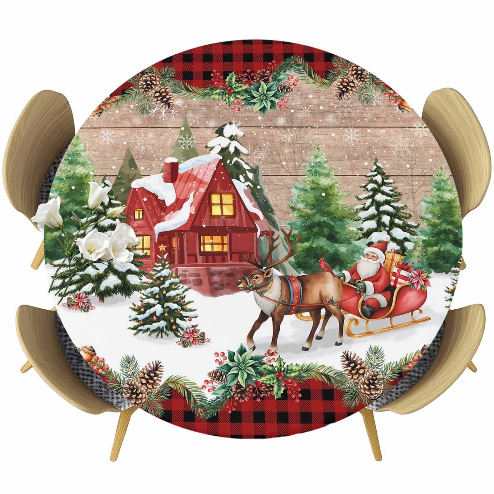 Christmas Tree Round Tablecloth, Fitted Table Cover with Elastic for 36 ...