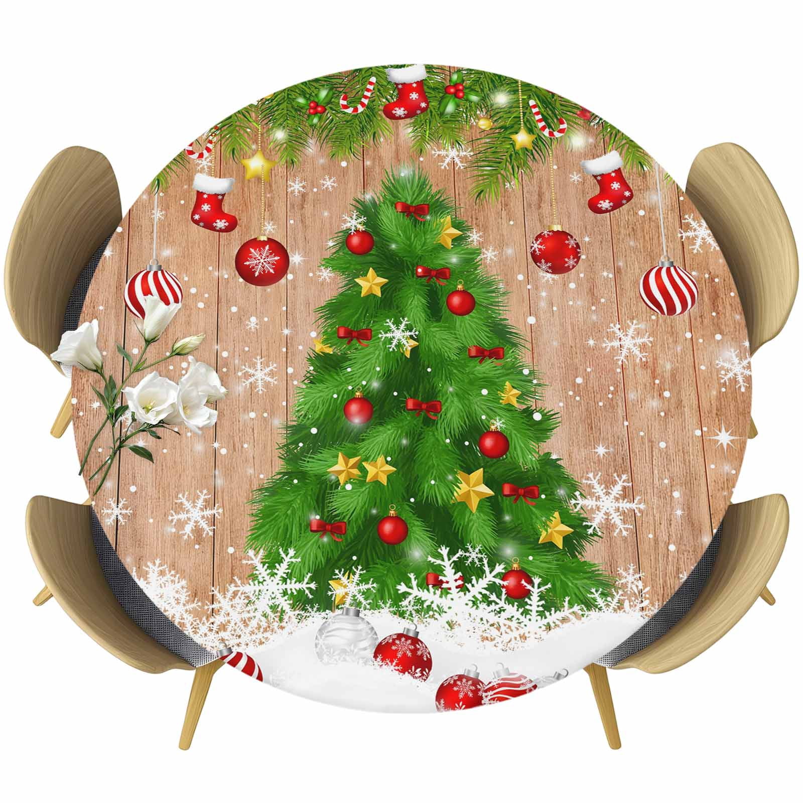 Christmas Tree Round Tablecloth, Fitted Table Cover with Elastic for 45 ...