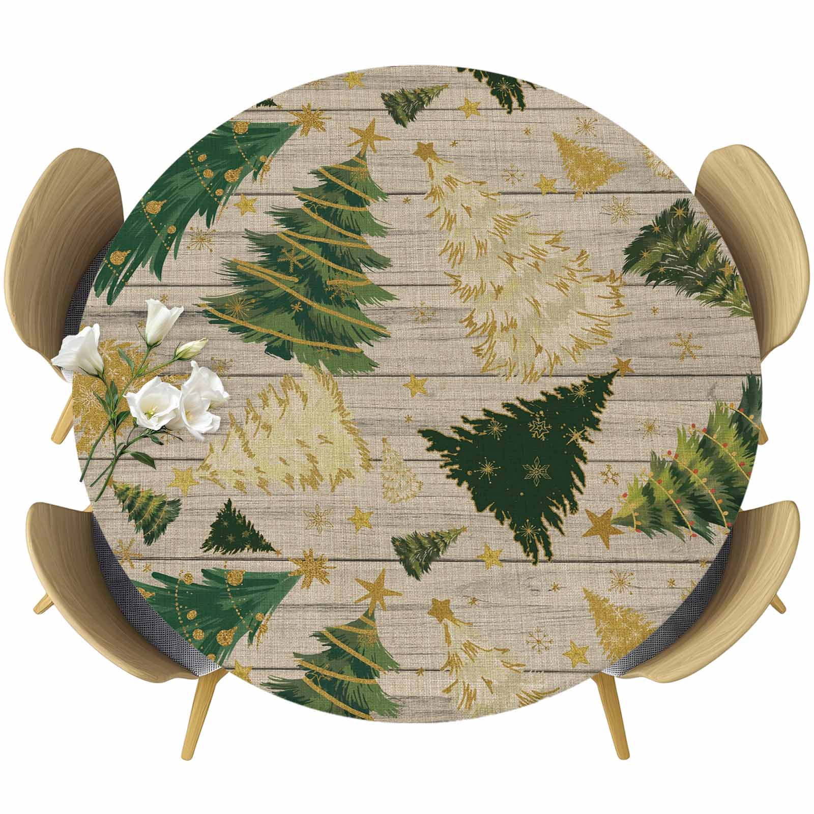 Christmas Tree Round Tablecloth, Fitted Table Cover with Elastic for 55 ...