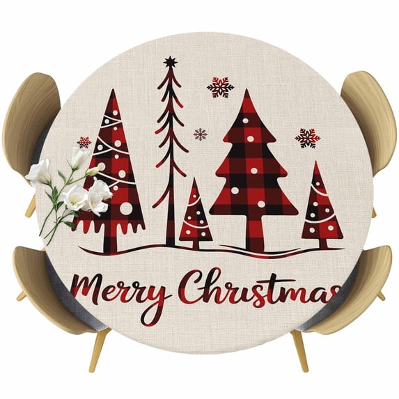 Christmas Tree Round Tablecloth, Fitted Table Cover with Elastic for 55 ...