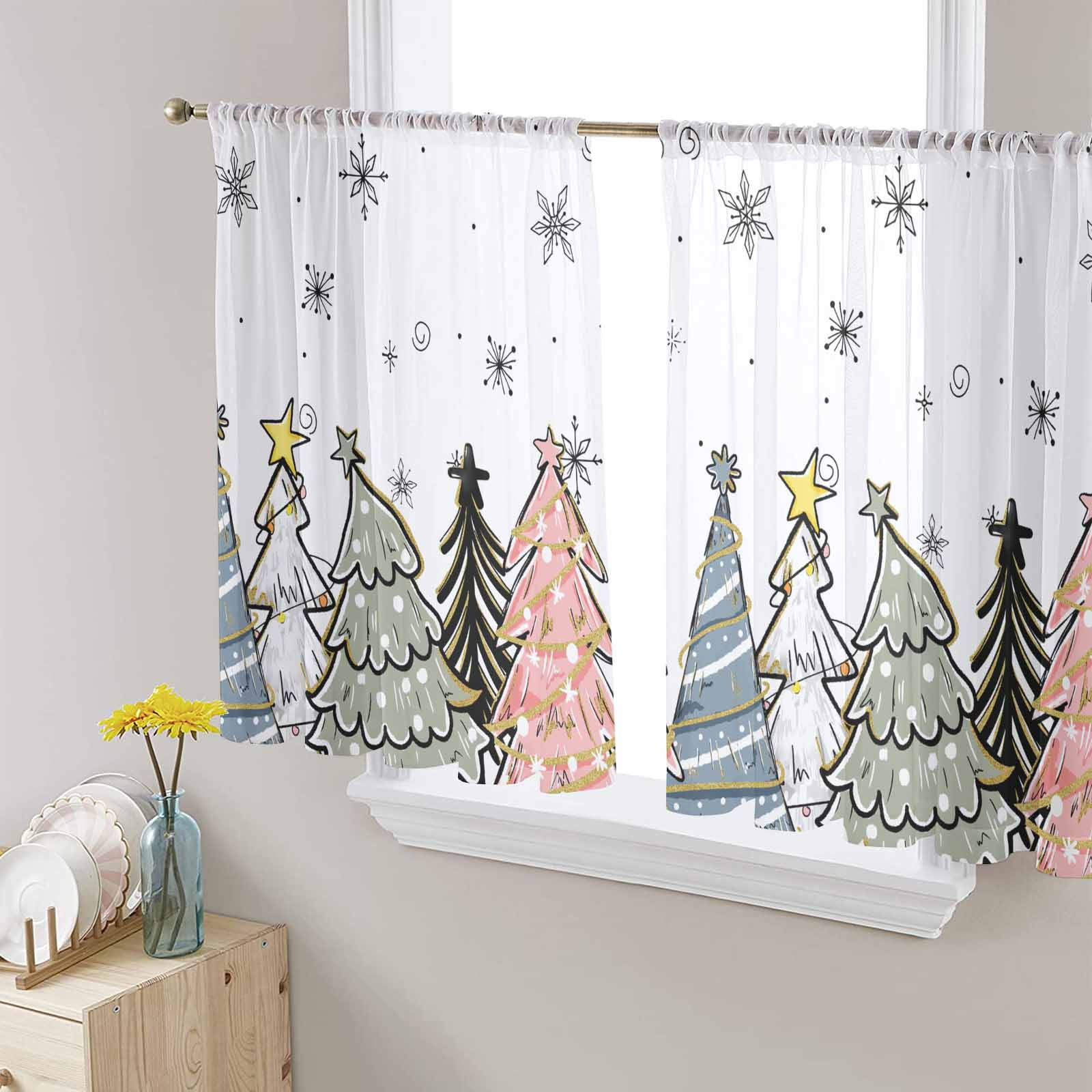 Christmas Tree Semi Sheer Curtains 45 Inch Length 2 Panels Set, Pink ...