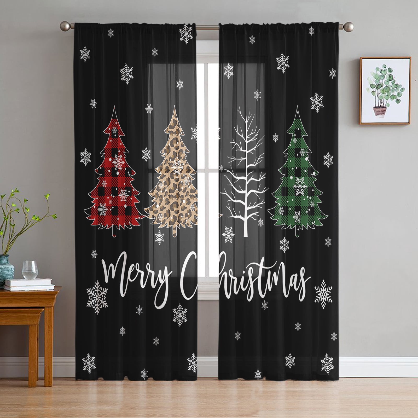 Christmas Tree, Semi Sheer Curtains 72 Inch Length 2 Panels Set, Rustic ...