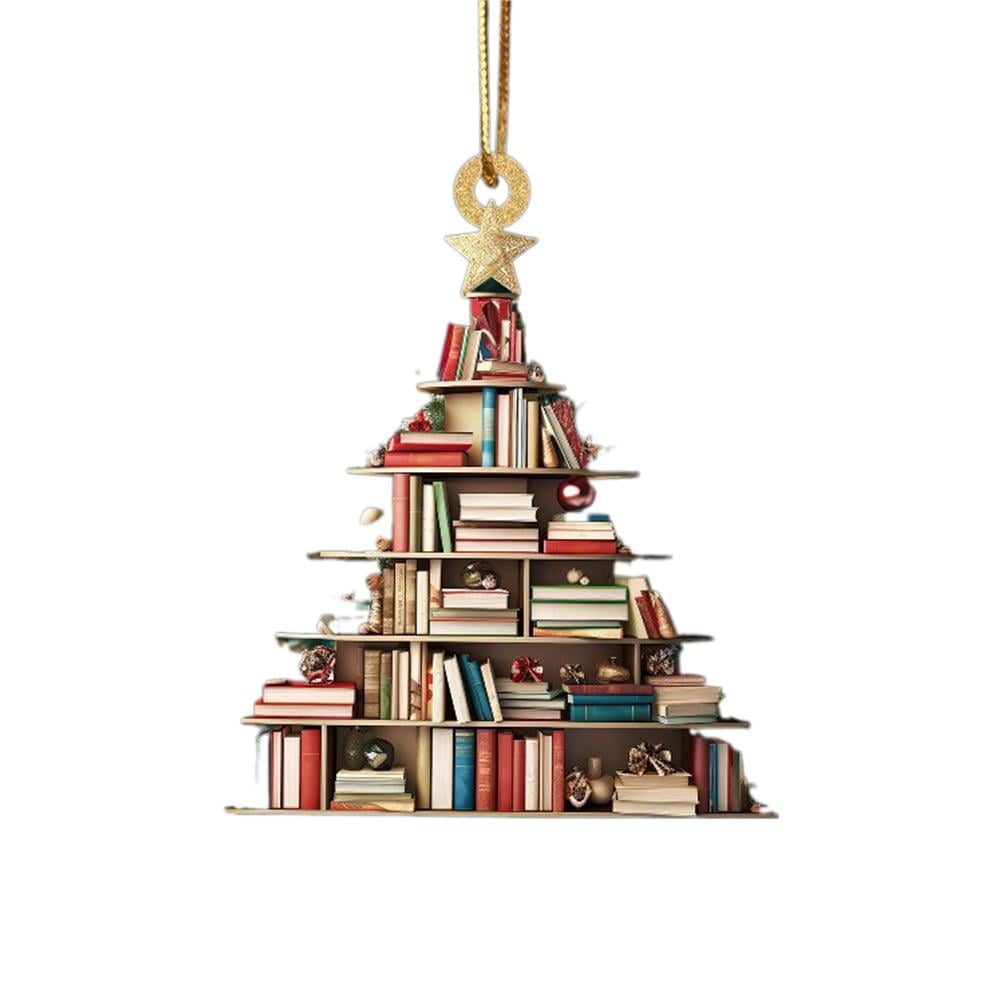 Christmas Tree Shape Bookshelf Pendant, Christmas Books Stacked ...