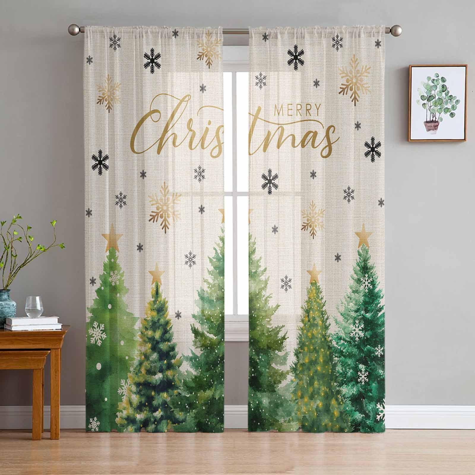 Christmas Tree Sheer Curtains 108 Inches Long, Winter Snowflakes Xmas ...