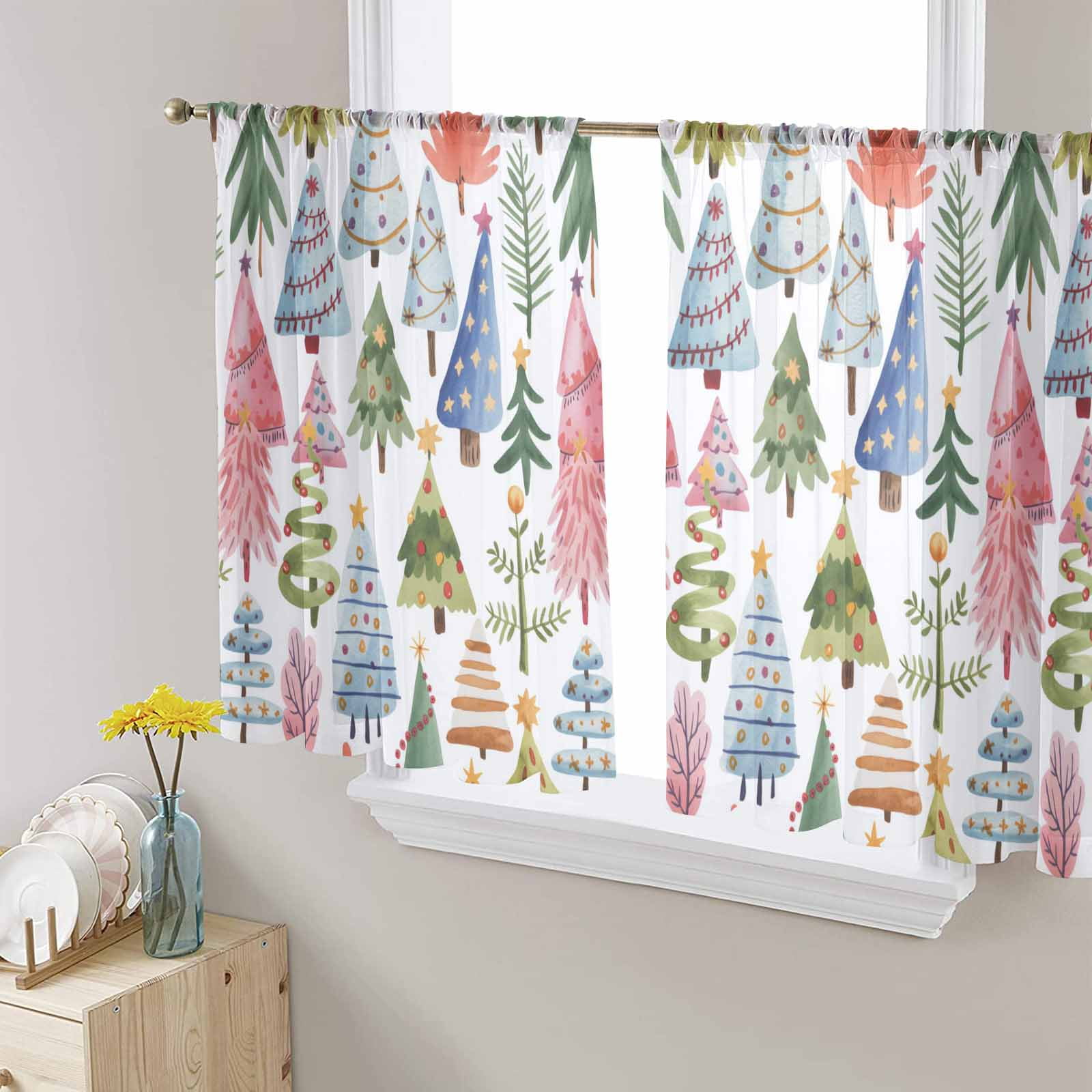 Christmas Tree Sheer Curtains 45 Inch Length 2 Panels Set, Semi ...