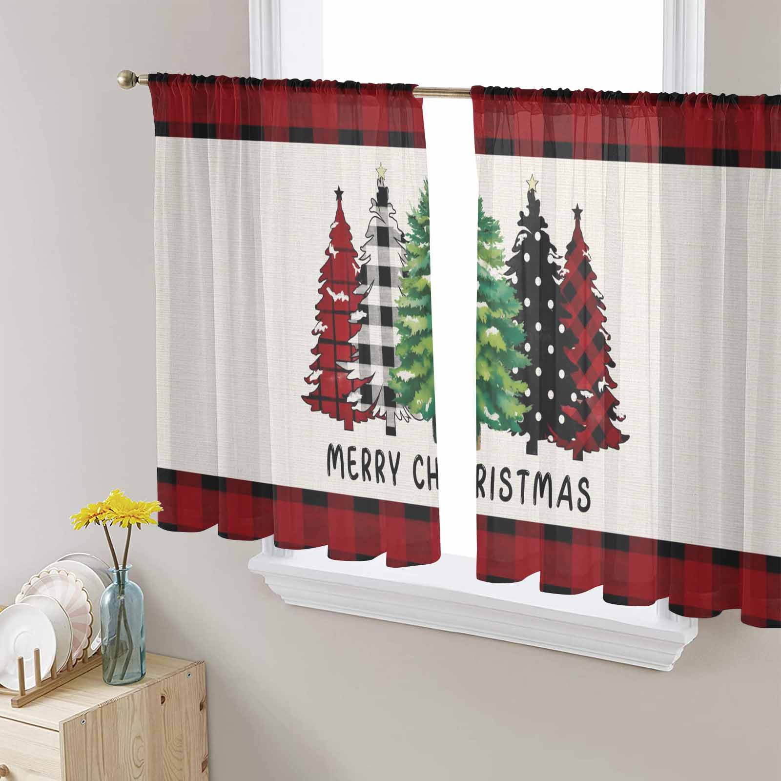 Christmas Tree Sheer Curtains 54 Inches Long, Green Xmas Tree Red Black ...