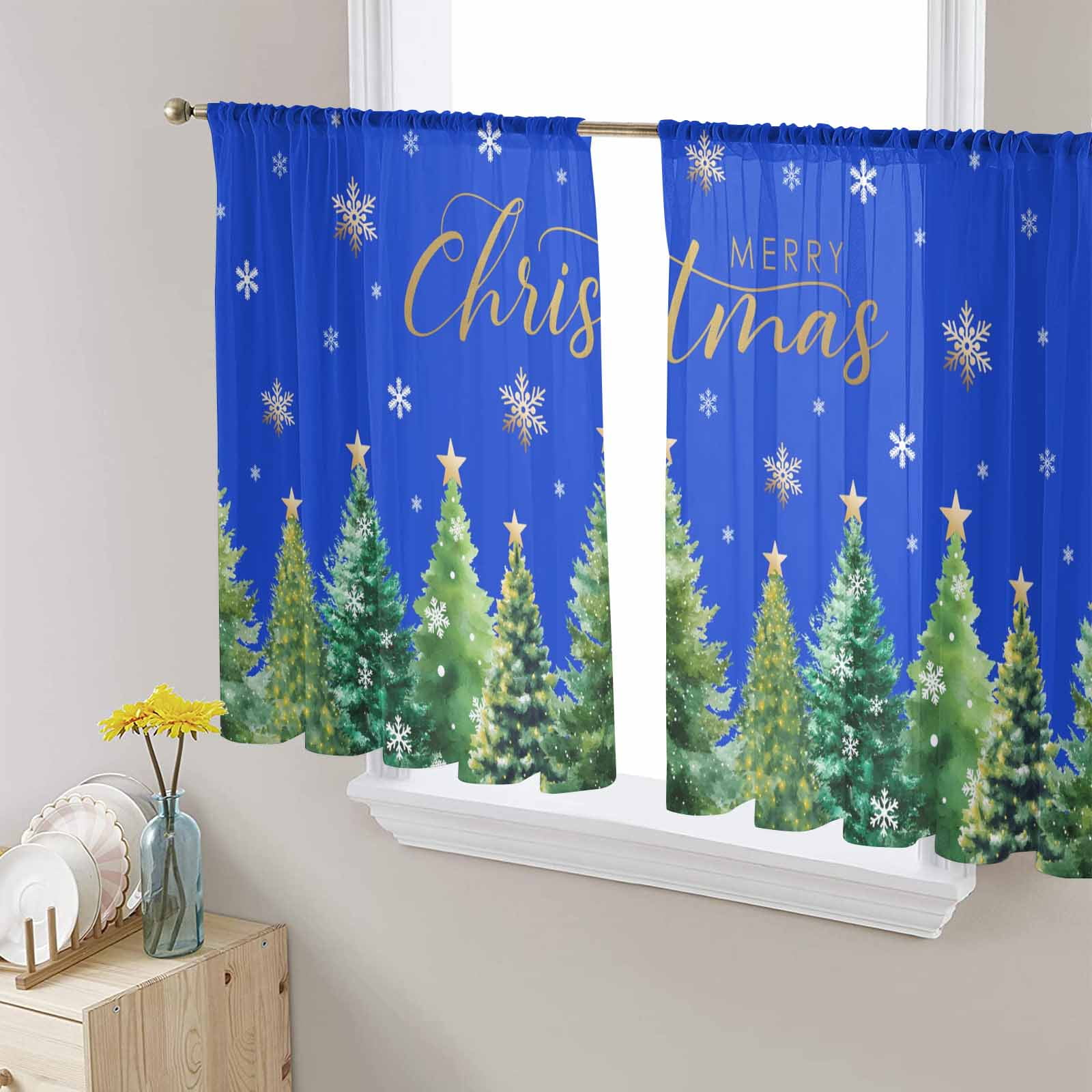 Christmas Tree Sheer Curtains 54 Inches Long, Winter Snowflakes Xmas ...