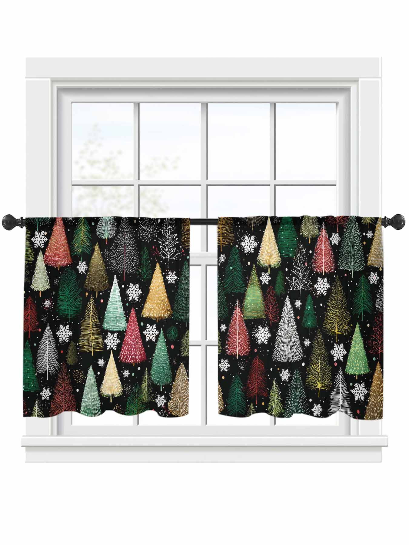 Christmas Tree Sheer Curtains 54 inches Long, Colorful Xmas Pine Trees ...