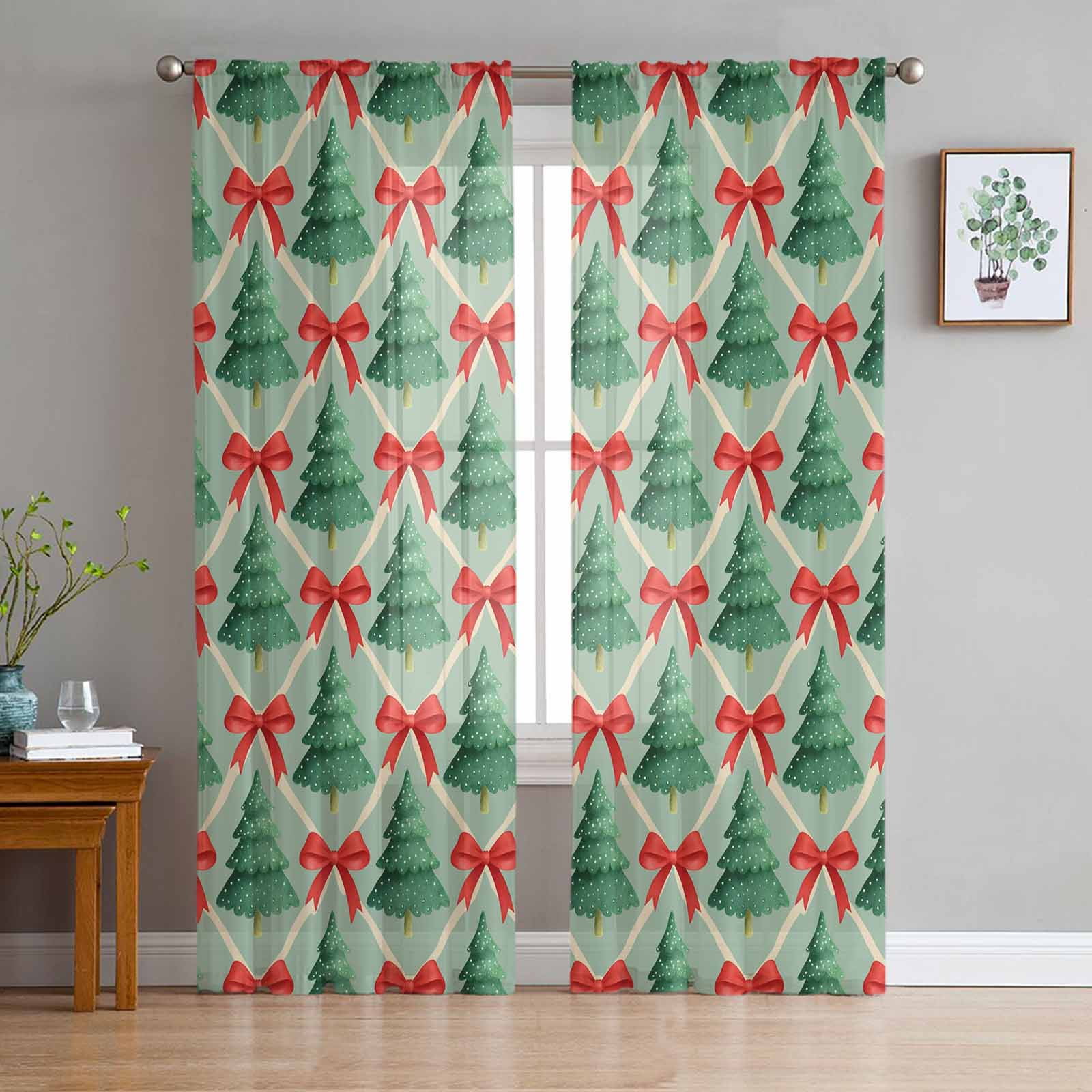 Christmas Tree Sheer Curtains 63 Inches Long, Winter Pine Bow Xmas ...