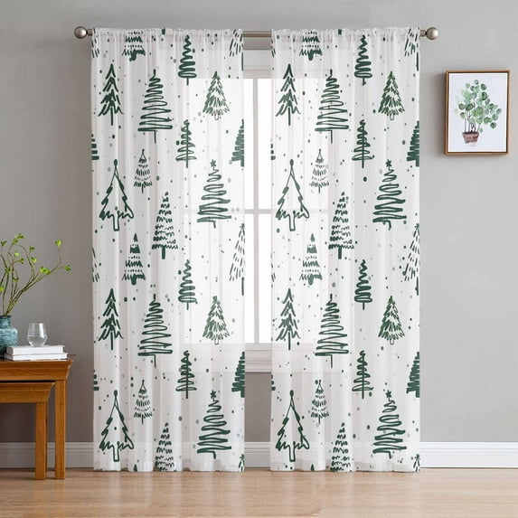 Christmas Tree Sheer Curtains 63 Inches Long, Xmas Green Cartoon Tree ...