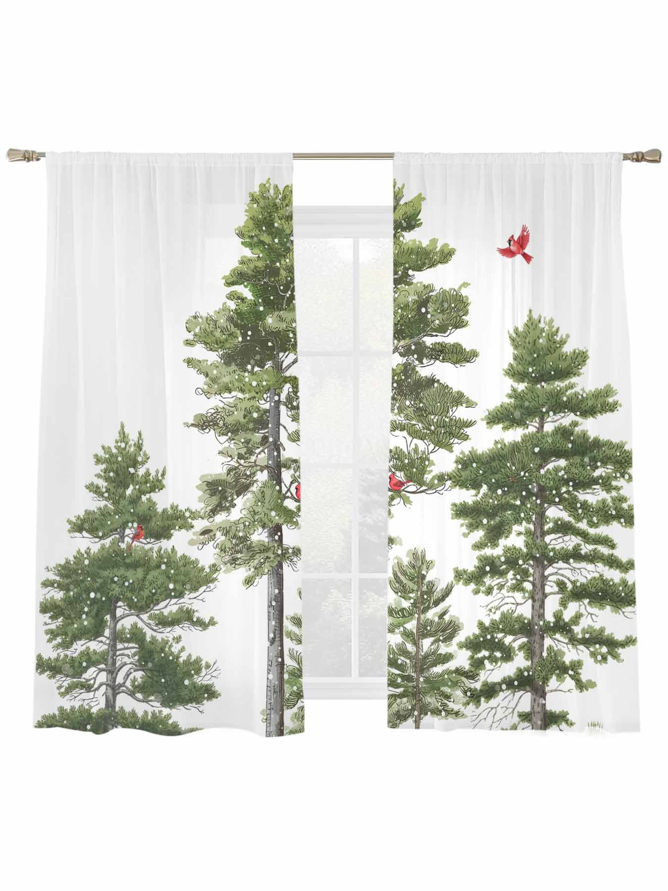 Christmas Tree Sheer Curtains 63 inches Long, Cardinal Red Bird ...