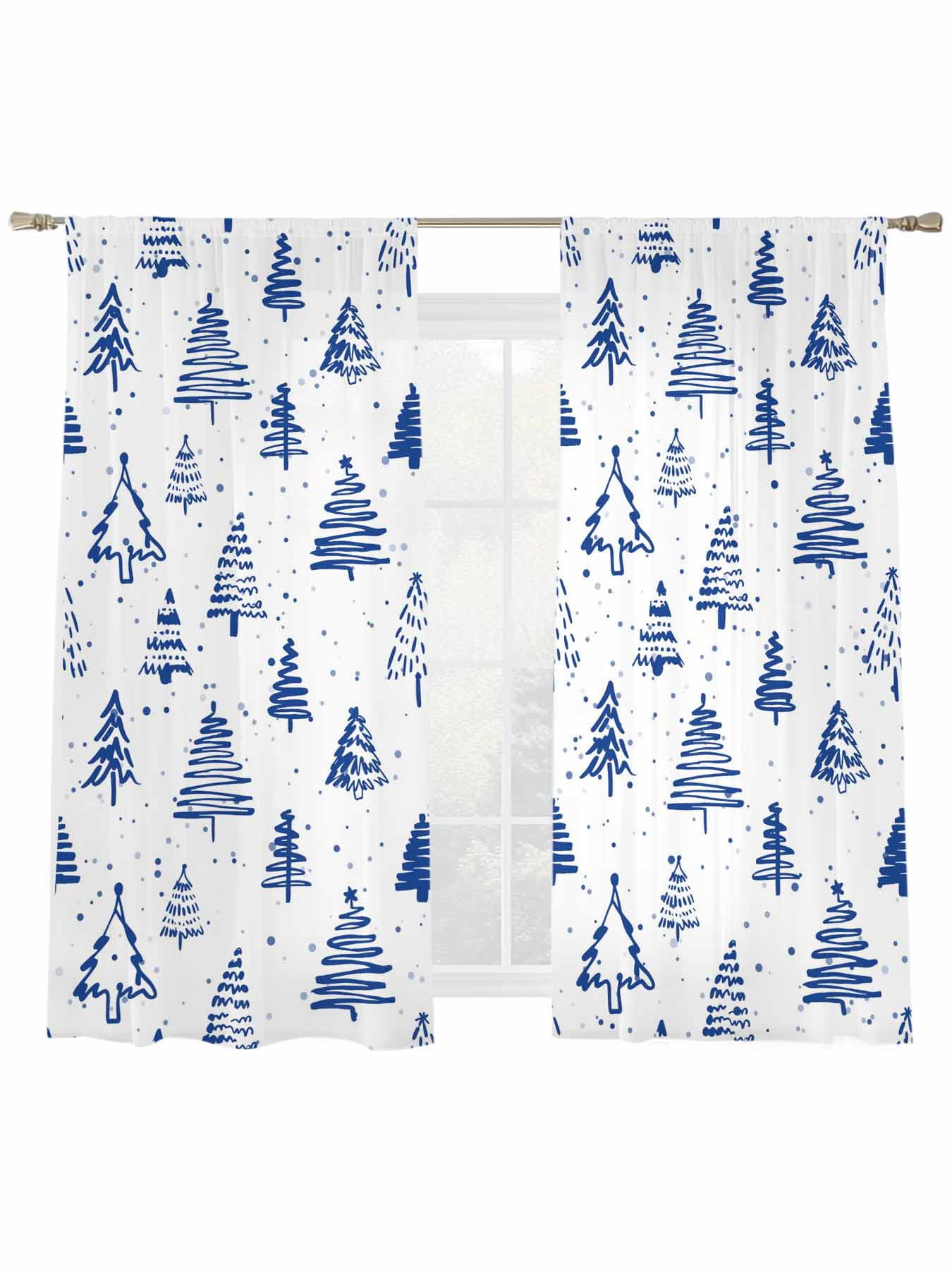 Christmas Tree Sheer Curtains 63 inches Long, Retro Abstract Blue Tree ...