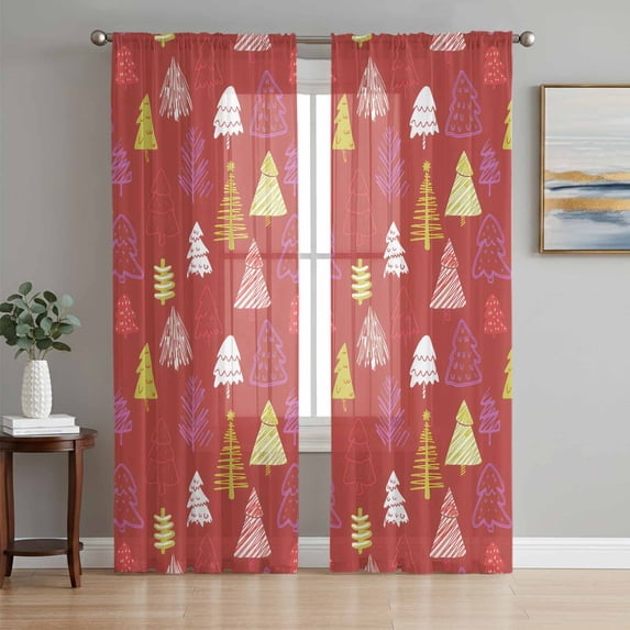 Christmas Tree Sheer Curtains 72 Inch Length 2 Panels Set, Red Gold ...