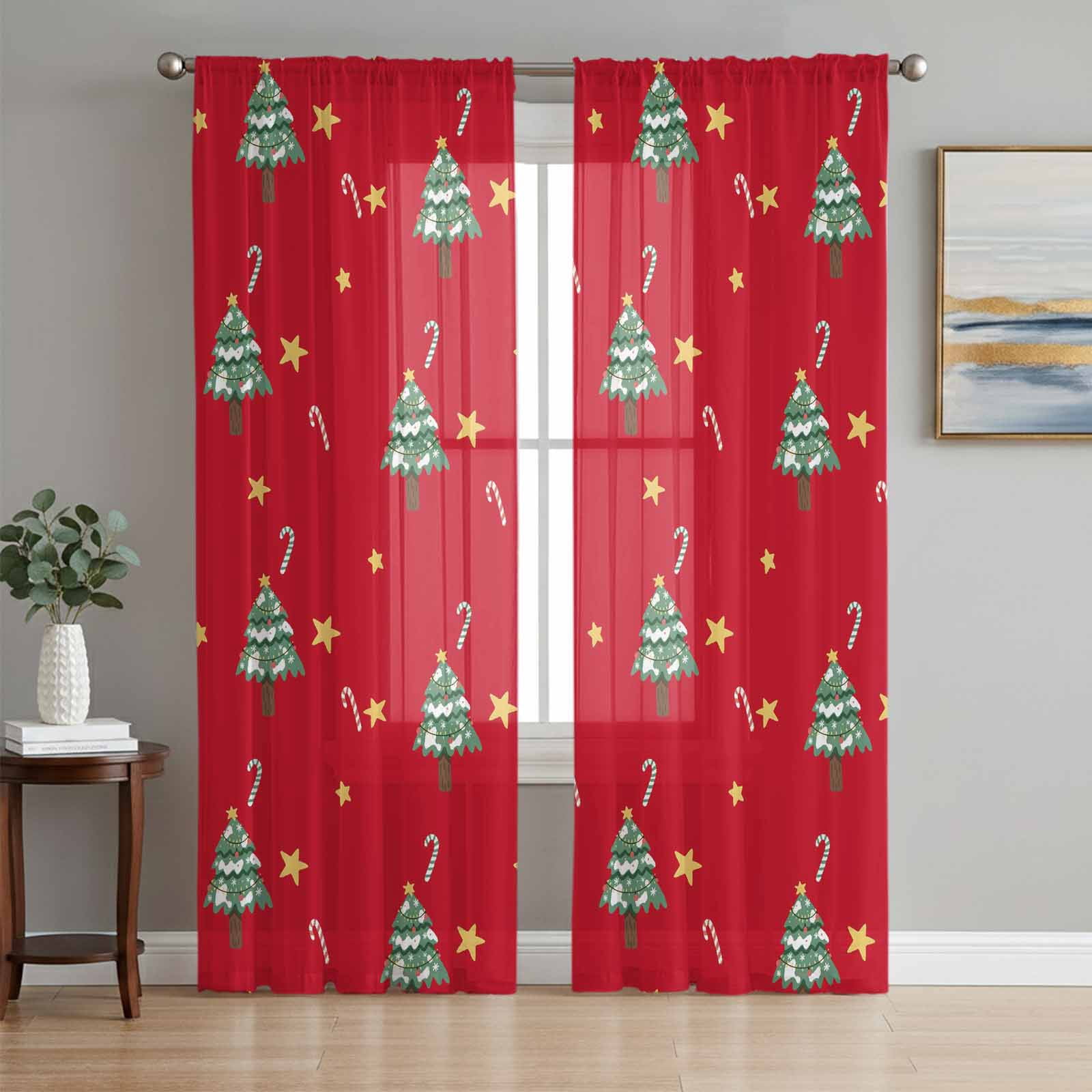Christmas Tree Sheer Curtains 72 Inch Length 2 Panels Set, Red Xmas ...