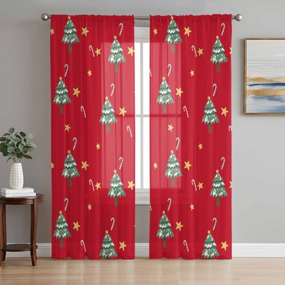 Christmas Tree Sheer Curtains 72 Inch Length 2 Panels Set, Red Xmas ...
