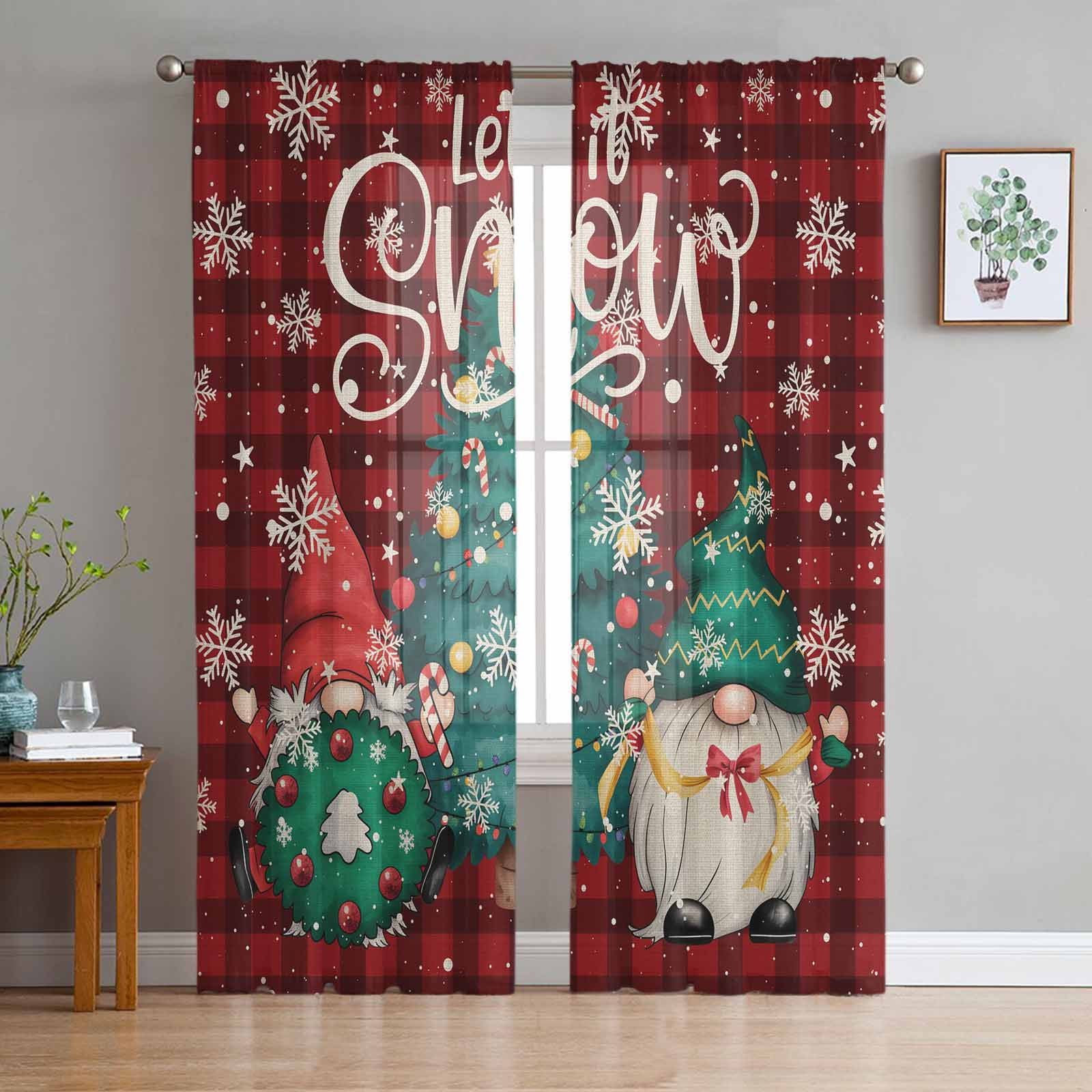 Christmas Tree Sheer Curtains 72 Inches Long, Gnomes Winter Snowflake ...