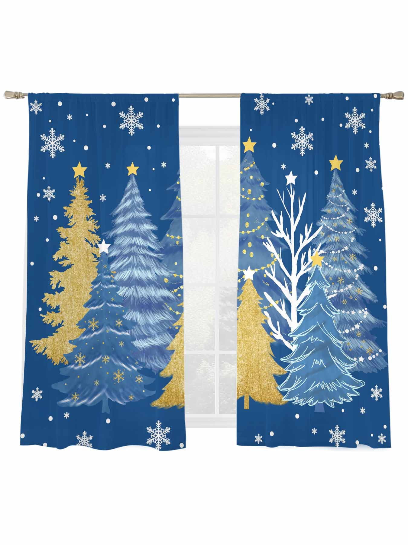 Christmas Tree Sheer Curtains 72 inches Long, Winter Snowflakes Blue ...