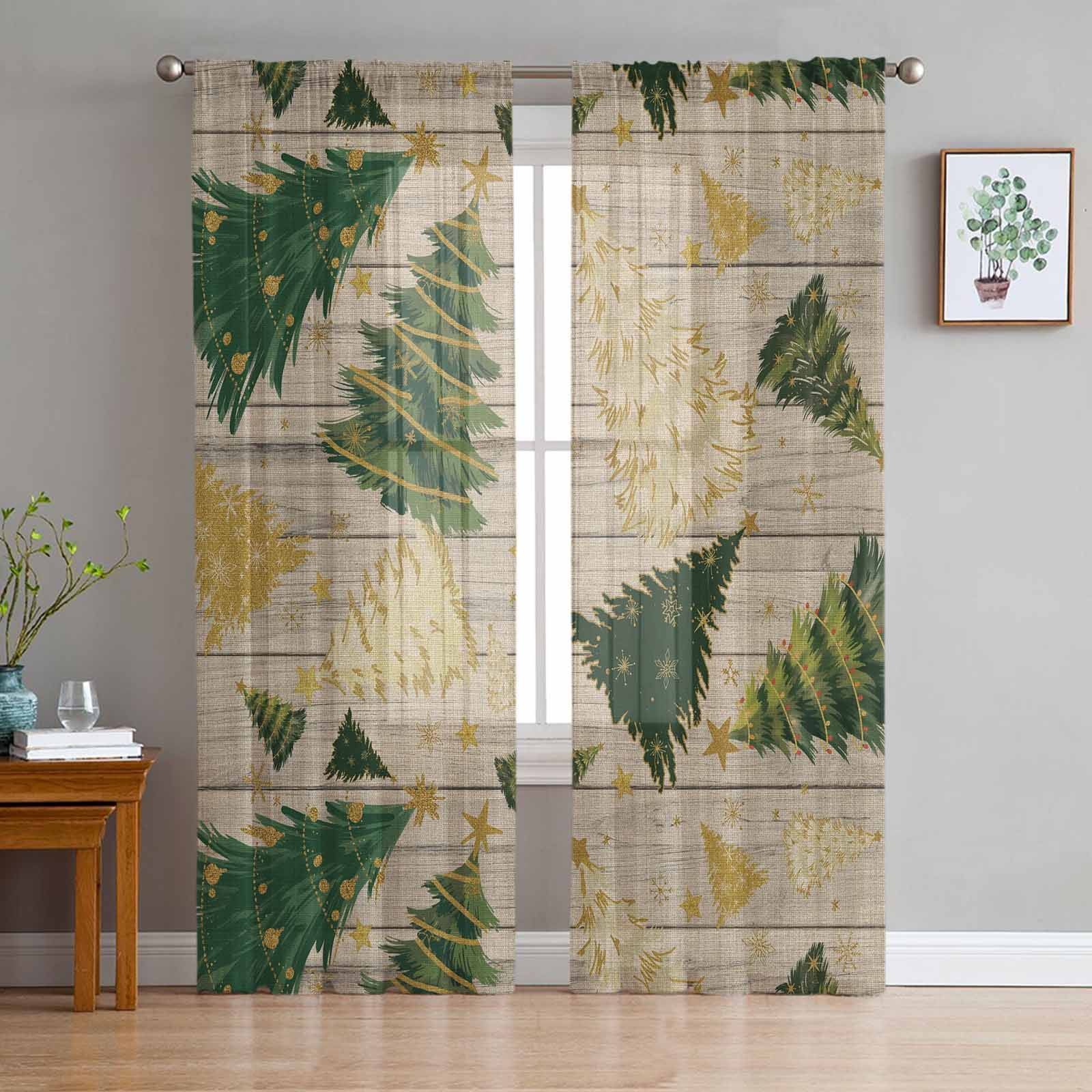 Christmas Tree Sheer Curtains 84 Inches Long, Green Xmas Tree Winter ...