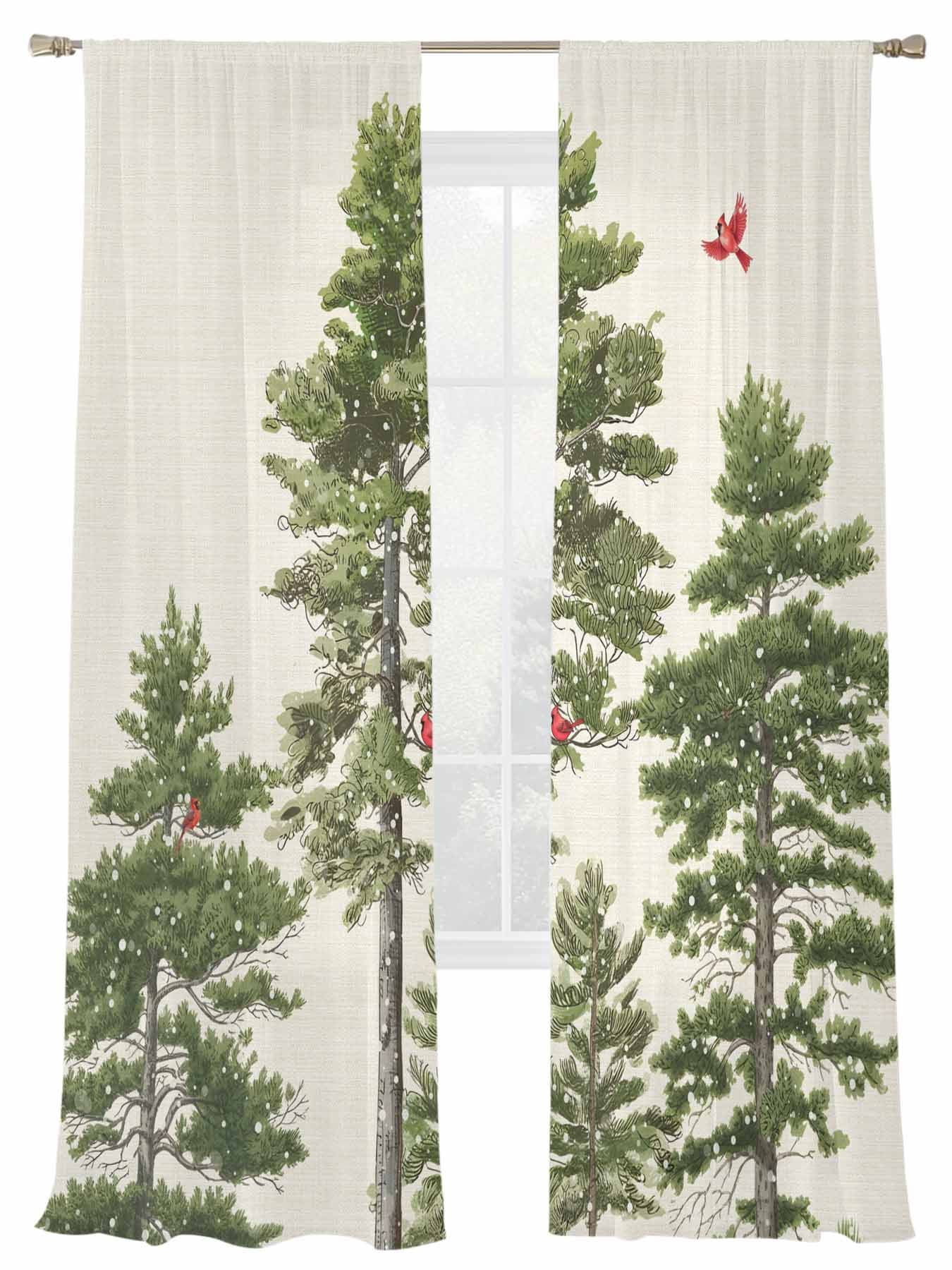 Christmas Tree Sheer Curtains 84 inches Long, Cardinal Red Bird ...