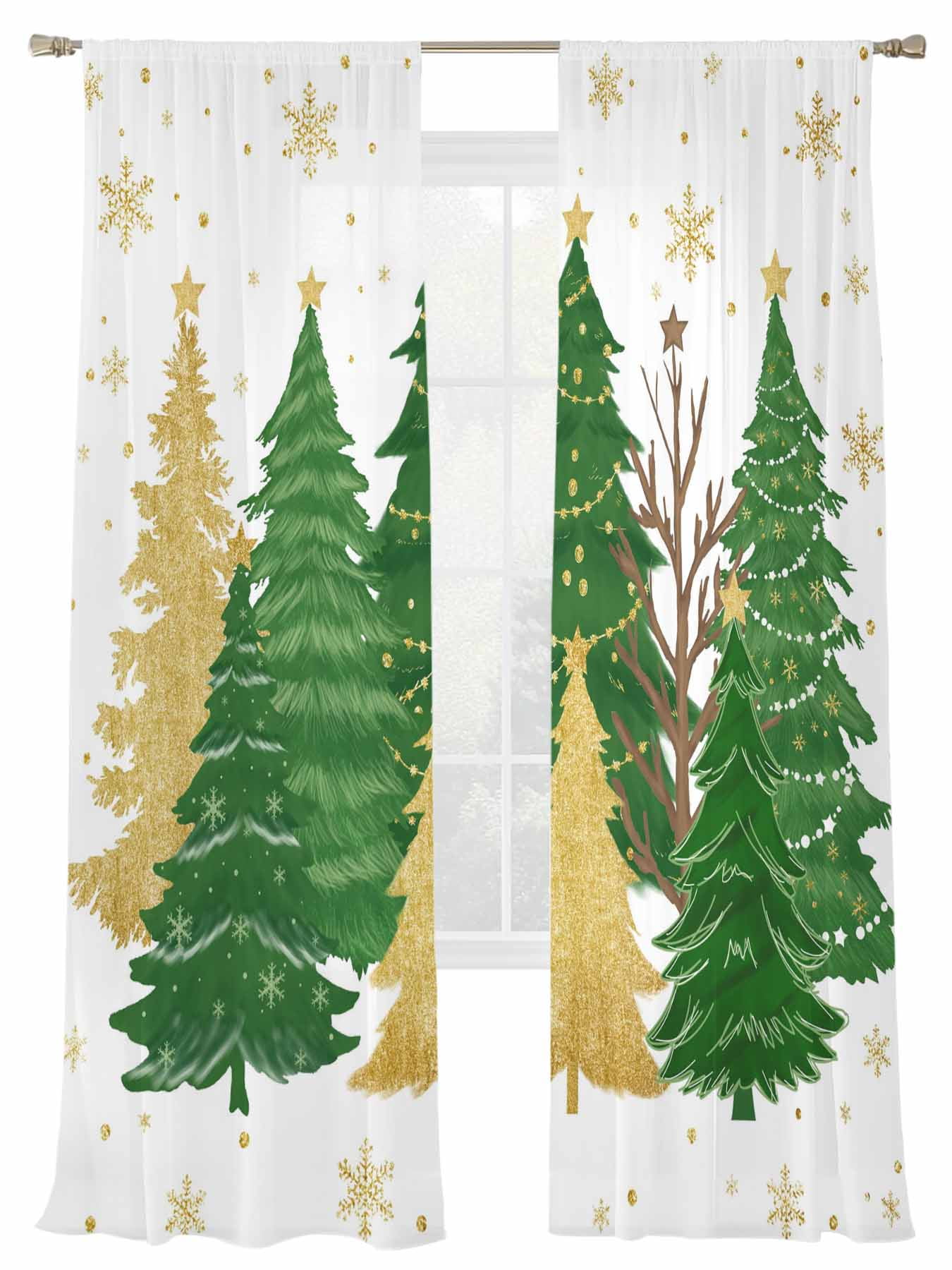 Christmas Tree Sheer Curtains 84 inches Long, Winter Snowflakes Green ...