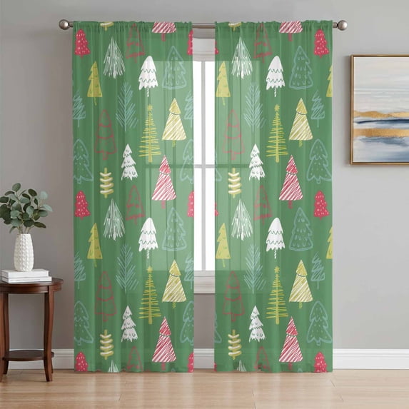 Christmas Tree Sheer Curtains 96 Inch Length 2 Panels Set, Red Green ...
