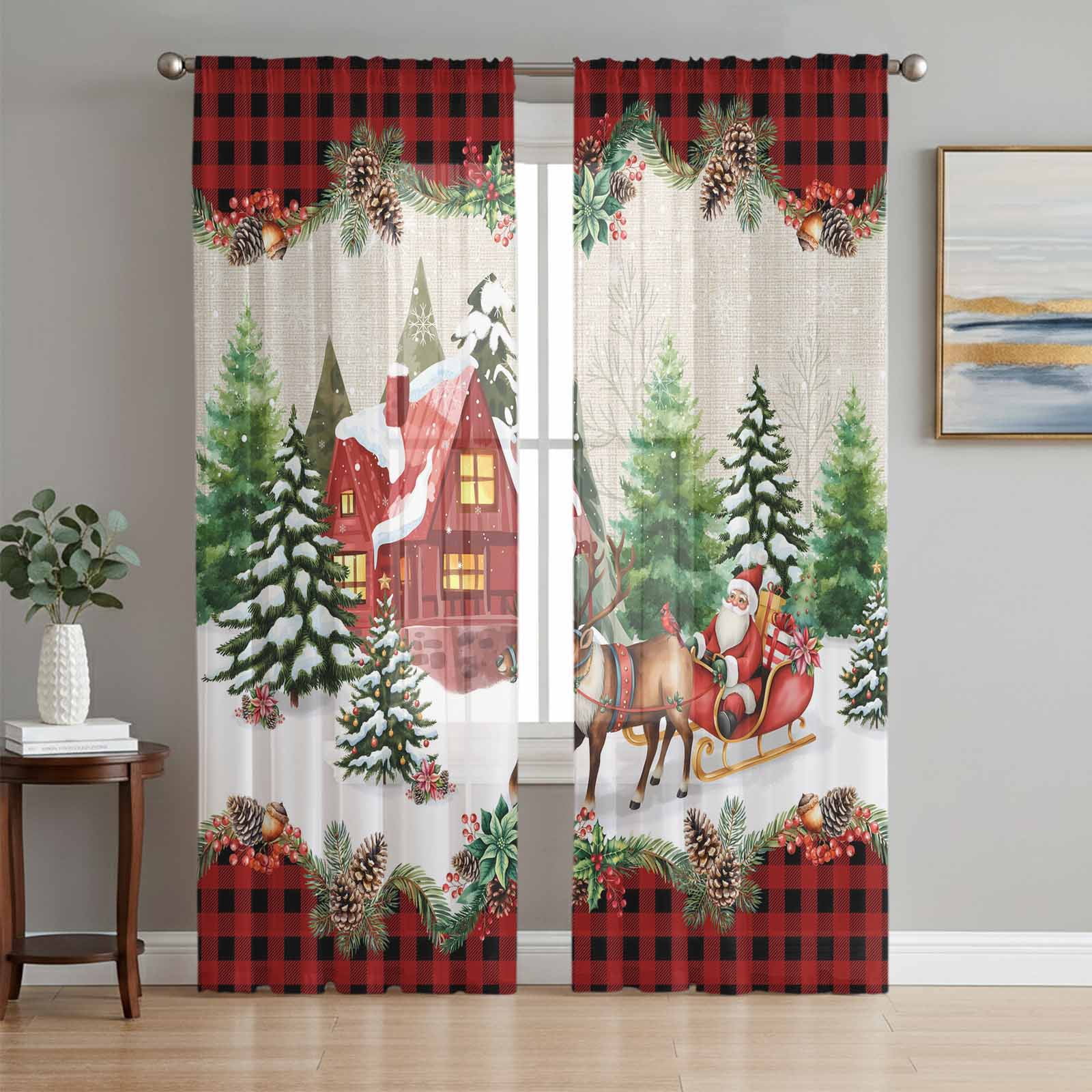 Christmas Tree Sheer Curtains 96 Inch Length 2 Panels Set, Santa Claus ...