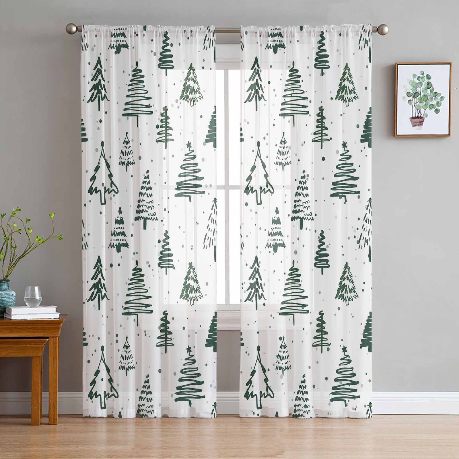 Christmas Tree Sheer Curtains 96 Inches Long, Xmas Green Cartoon Tree ...
