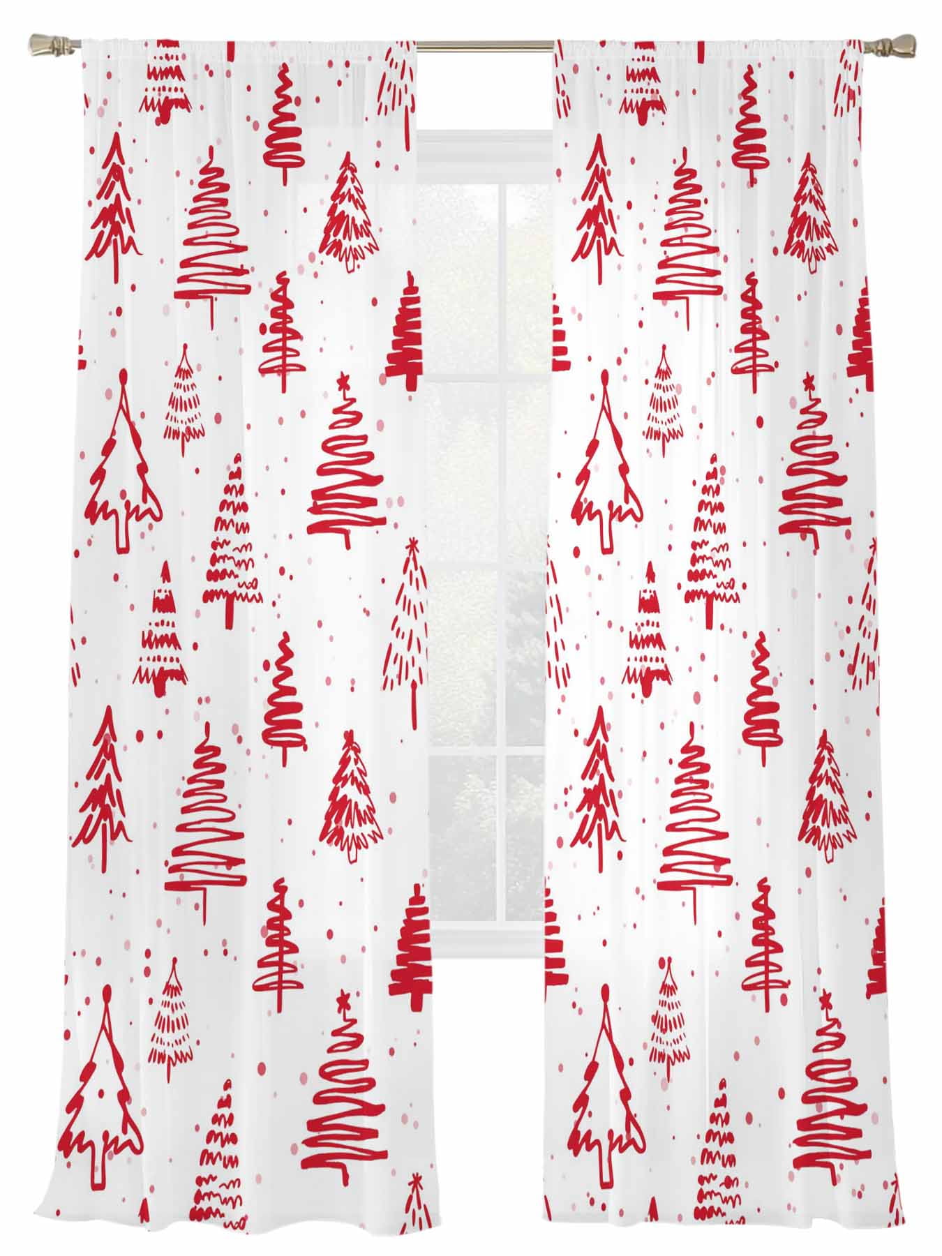 Christmas Tree Sheer Curtains 96 inches Long, Retro Abstract Red Tree ...