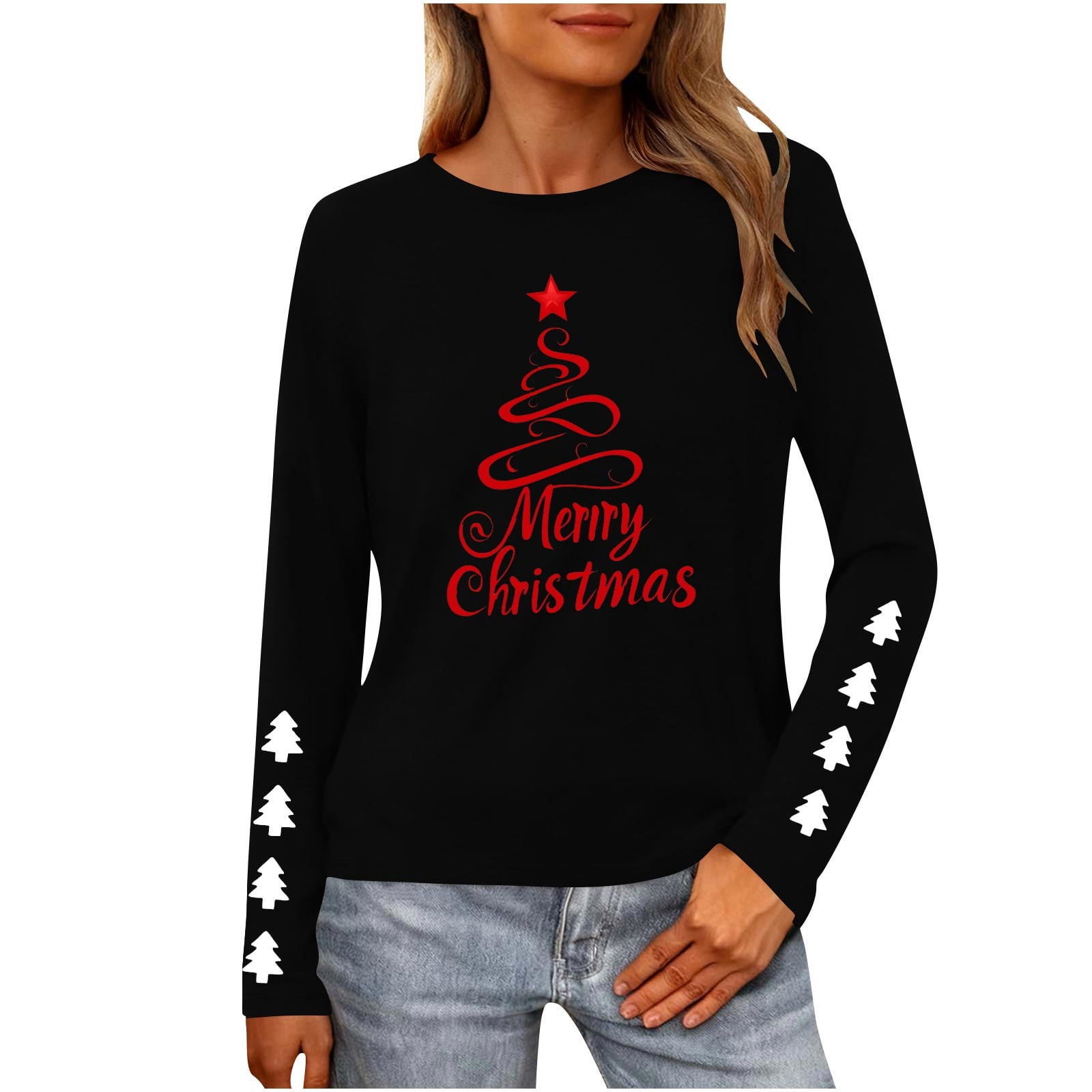 Christmas Tree Shirt Women Christmas Embroidered Trees Long Sleeve ...