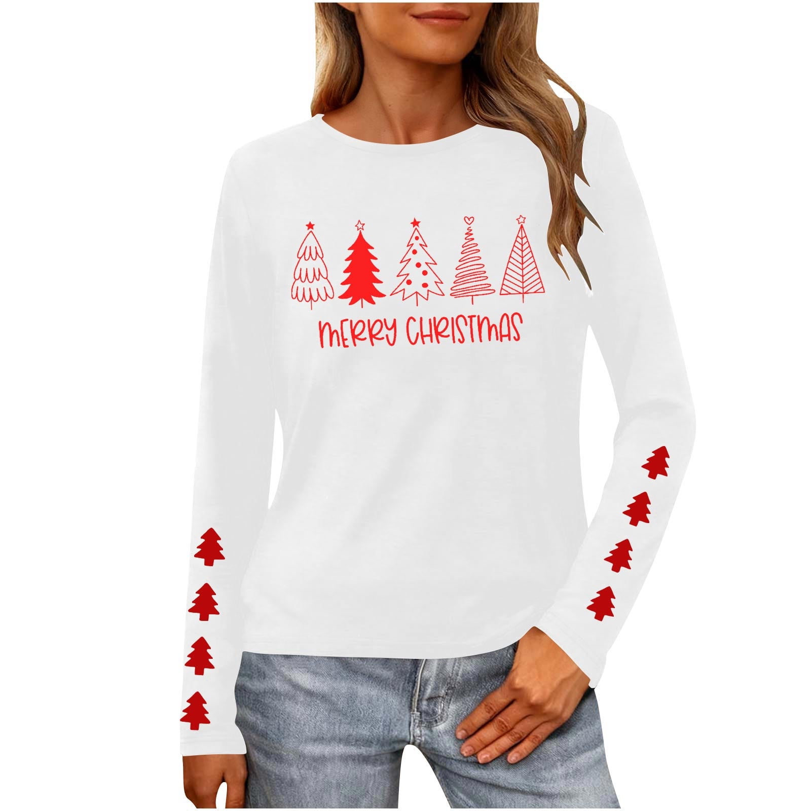 Christmas Tree Shirt Women Christmas Embroidered Trees Long Sleeve ...