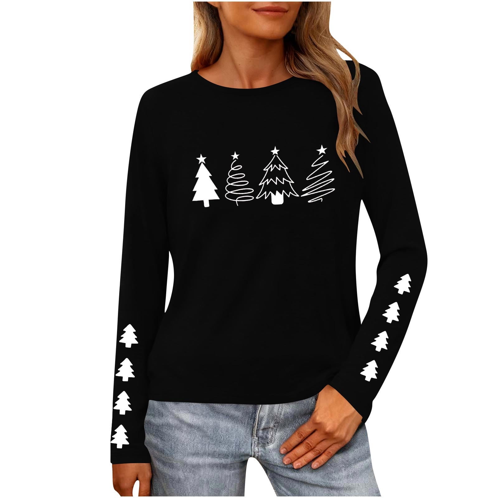 Christmas Tree Shirt Women Christmas Embroidered Trees Long Sleeve ...