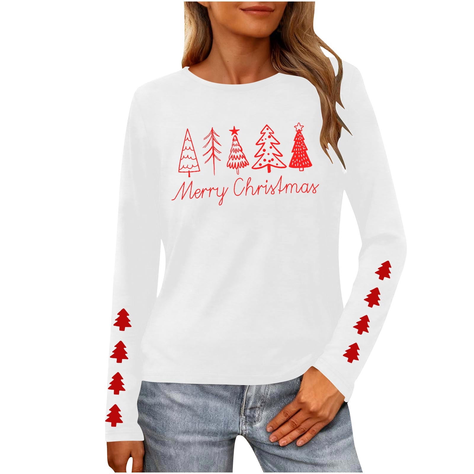 Christmas Tree Shirt Women Christmas Embroidered Trees Long Sleeve ...