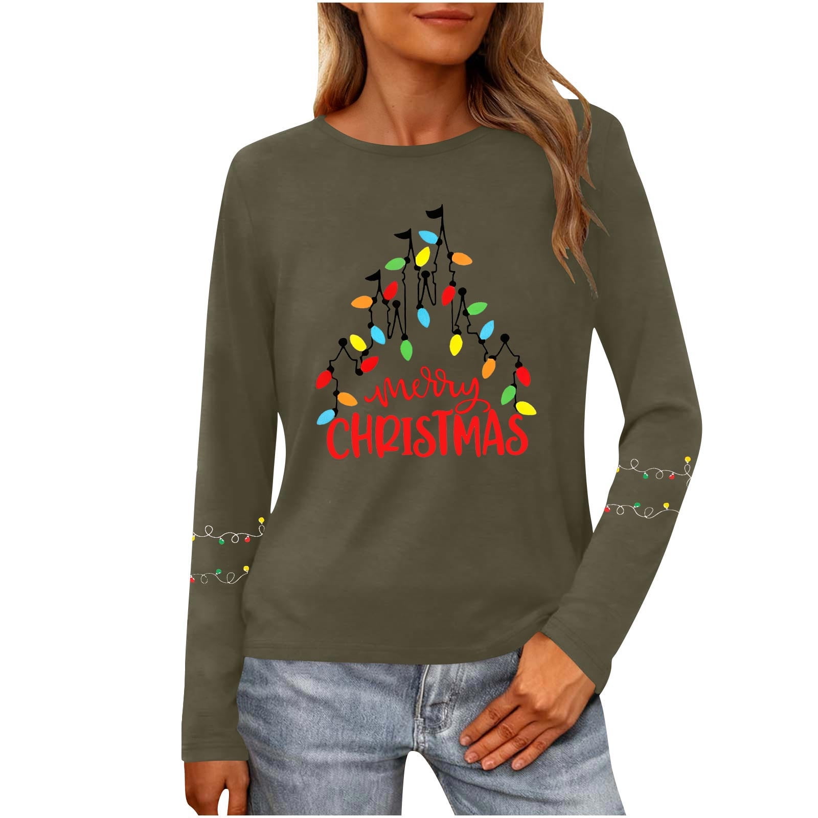 Christmas Tree Shirt Women Christmas Embroidered Trees Long Sleeve ...