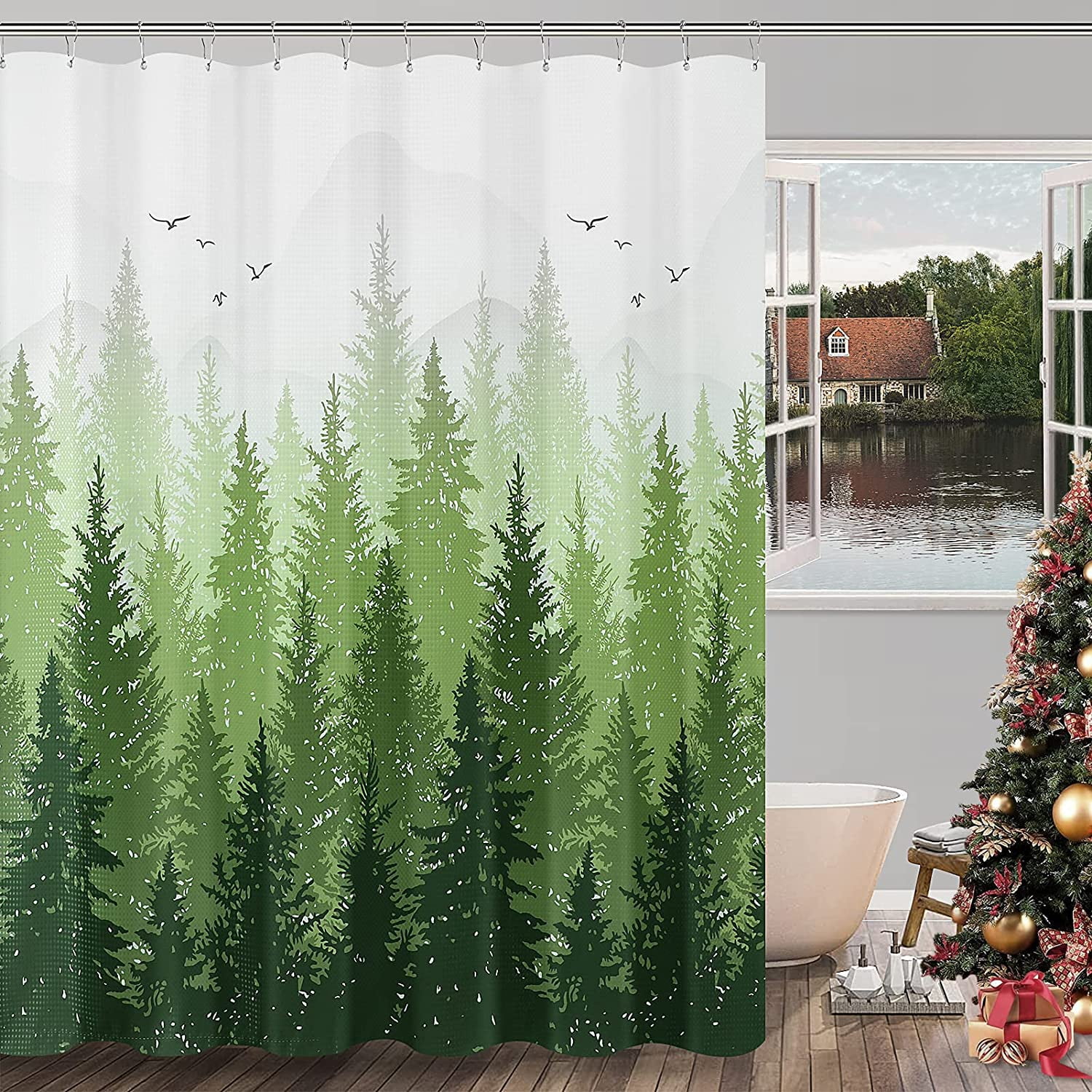 Christmas Tree Shower Curtain Green Shower Curtain Mountain Forest ...