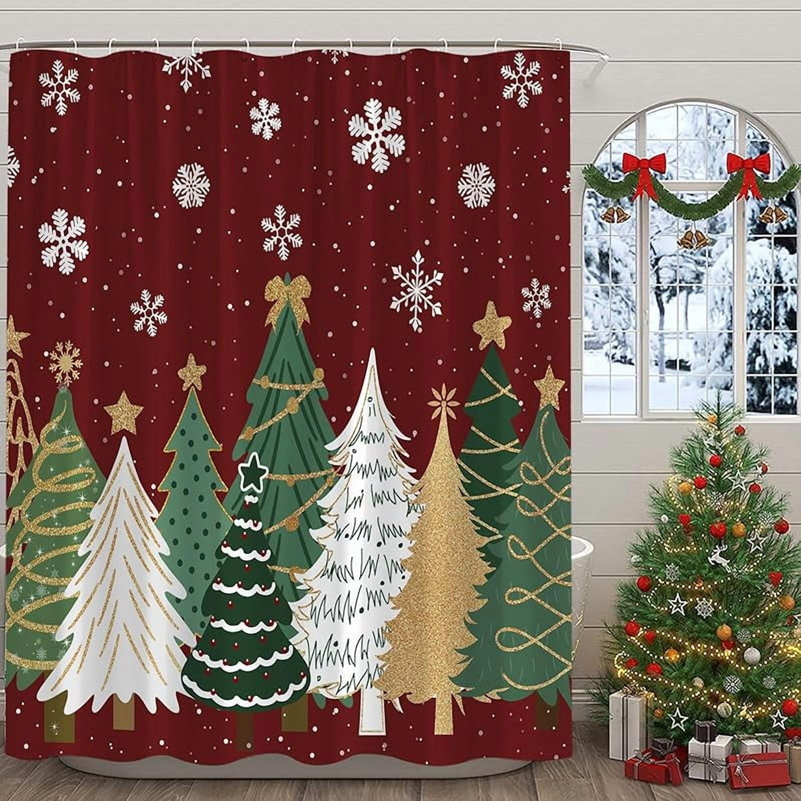 Christmas Tree Shower Curtain Green White Gold Xmas Pine Tree Snowflake ...