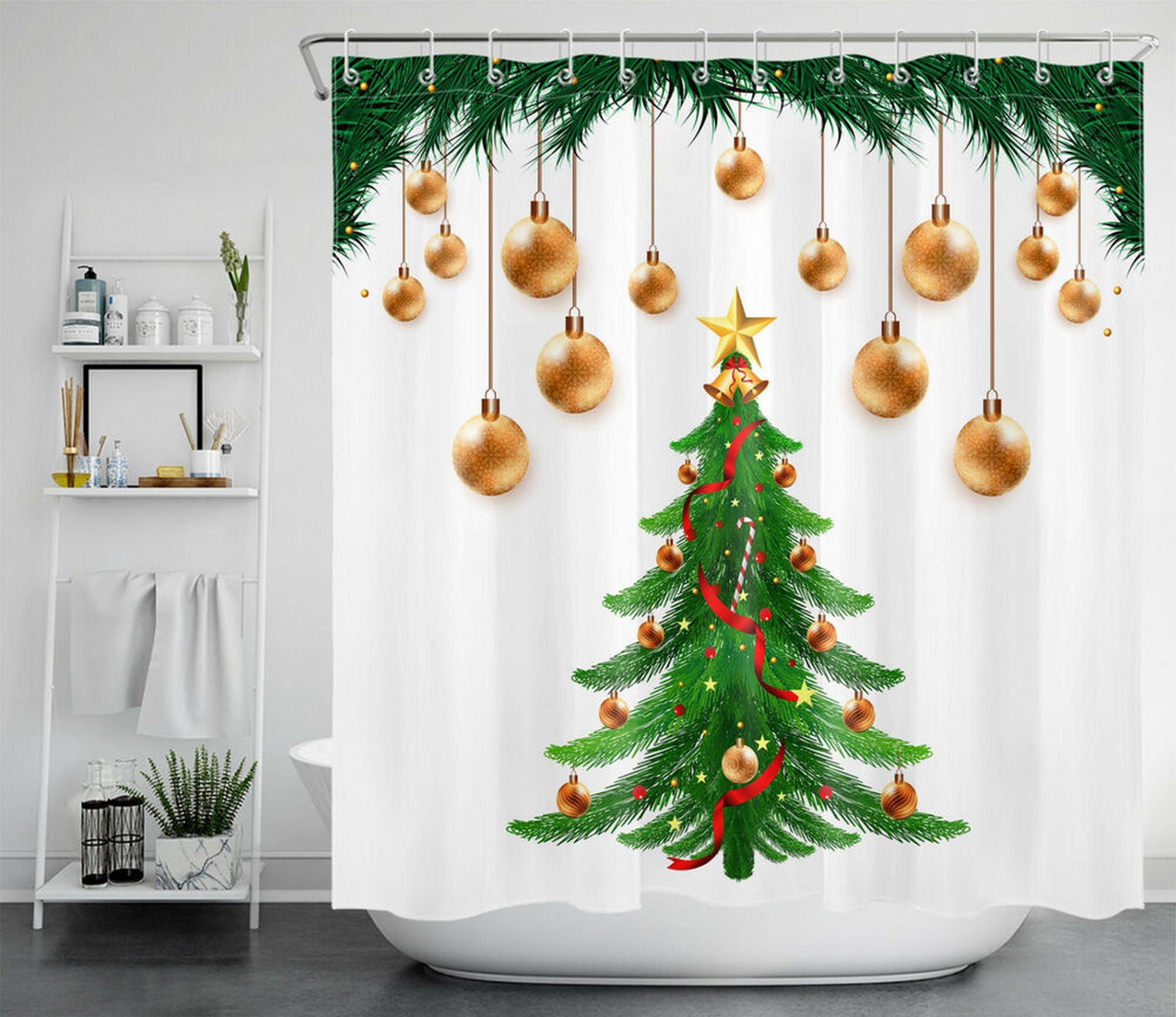 Christmas Tree Shower Curtain New Year Golden Ball Star Bathroom ...
