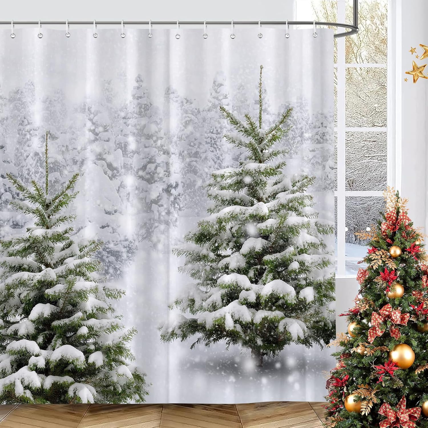 Christmas Tree Shower Curtain Winter Forest Pine Tree Snowflake ...